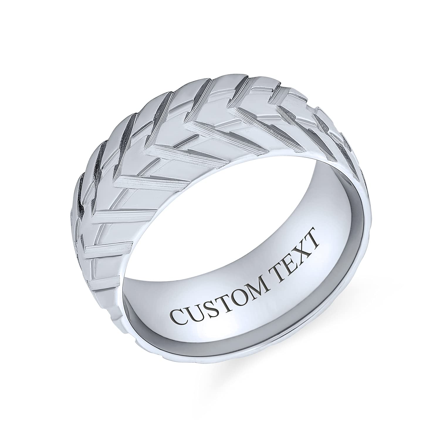 Bling Jewelry Mens Mechanic Car Racer Tire Tread Band Ring for Men for Bikers Matte Brushed Silver Tone Stainless Steel 8MM