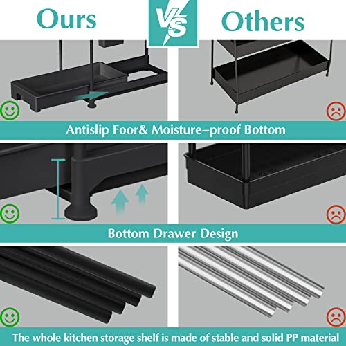 SAMODRA Under Sink Organizers and Storage, Kitchen Cabinet Storage 2 Tier Drawer Pull-able Basket Organizer Bathroom Storage Rack with Hooks, DIY Removable Dividers (Black-2 Pack)