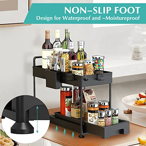 SAMODRA Under Sink Organizers and Storage, Kitchen Cabinet Storage 2 Tier Drawer Pull-able Basket Organizer Bathroom Storage Rack with Hooks, DIY Removable Dividers (Black-2 Pack)
