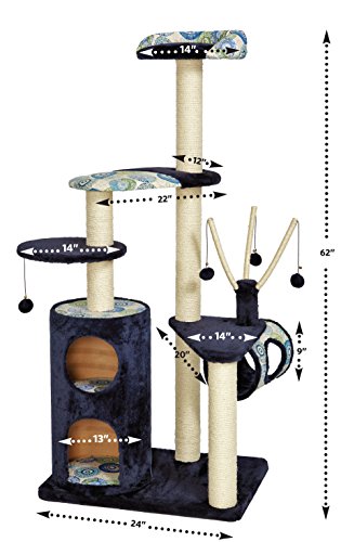 MidWest Homes for Pets Cat Tree | Playhouse Cat Furniture, 5-Tier Cat Tree w/Sisal Wrapped Cat Scratching Posts & Multiple Cat Hide-Outs, Blue/White Pattern, X-Large Cat Tree