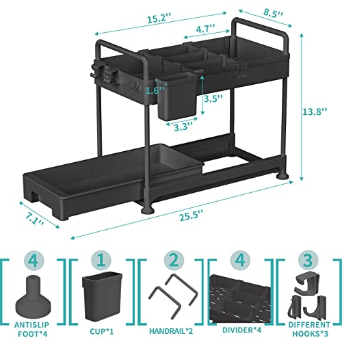 SAMODRA Under Sink Organizers and Storage, Kitchen Cabinet Storage 2 Tier Drawer Pull-able Basket Organizer Bathroom Storage Rack with Hooks, DIY Removable Dividers (Black-2 Pack)