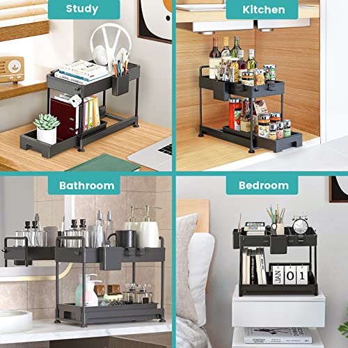 SAMODRA Under Sink Organizers and Storage, Kitchen Cabinet Storage 2 Tier Drawer Pull-able Basket Organizer Bathroom Storage Rack with Hooks, DIY Removable Dividers (Black-2 Pack)