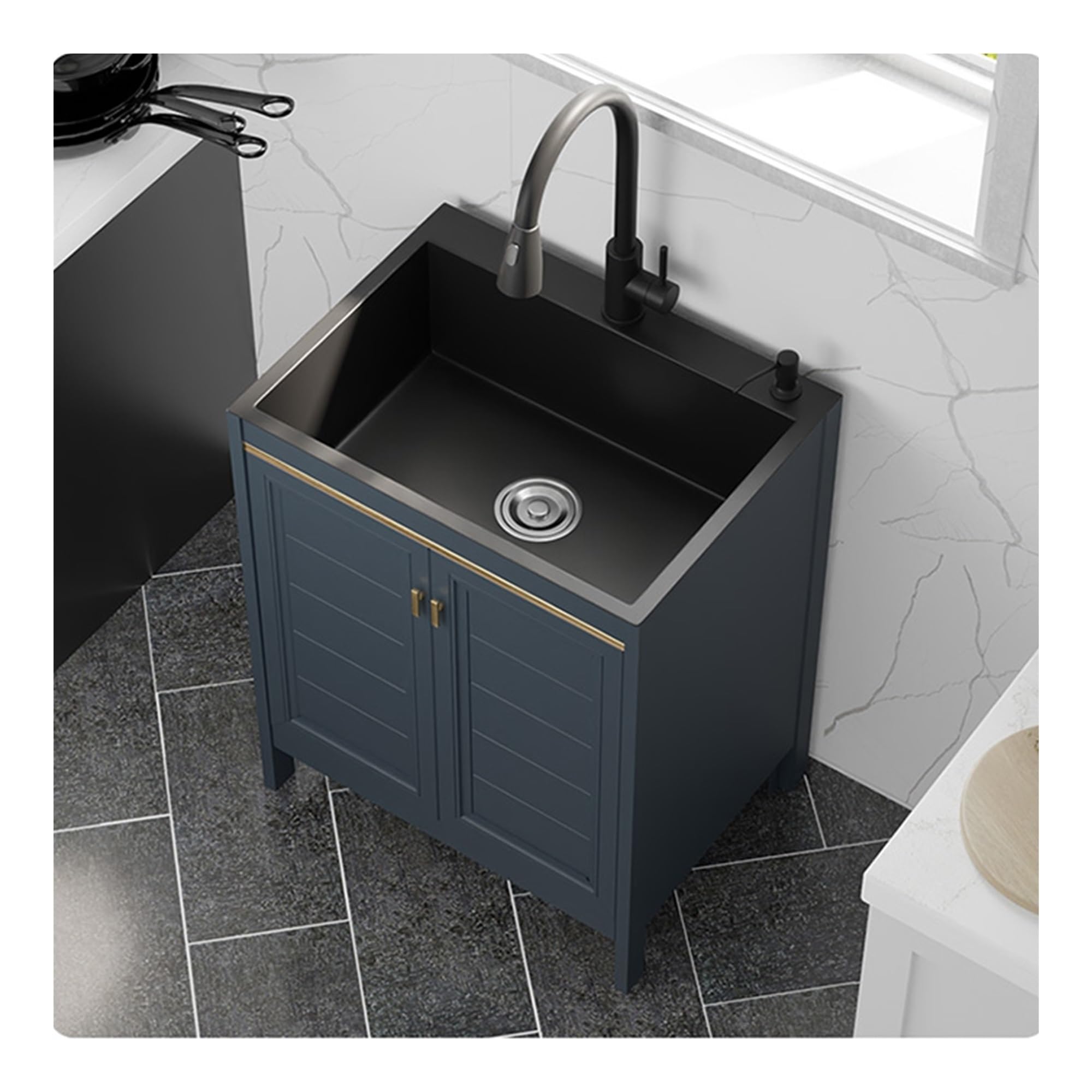 Stainless Steel Utility Kitchen Sink with Cabinet,Outdoor Sink Station,Single/Double Bowl Kitchen Sink Cabinet,Laundry Sink with Cabinet,with Pull-Out Faucet,Soap Dispenser,Drain Basket,Drainer ( Siz