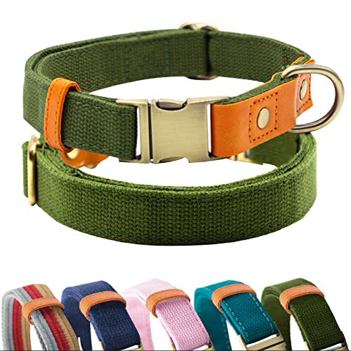 Canvas Nylon Dog Collar Durable and Adjustable Classic Pet Collars with Quick-Release Metal Buckle and D-Ring for Small Medium Large Boy and Girl Dogs (S, Green)