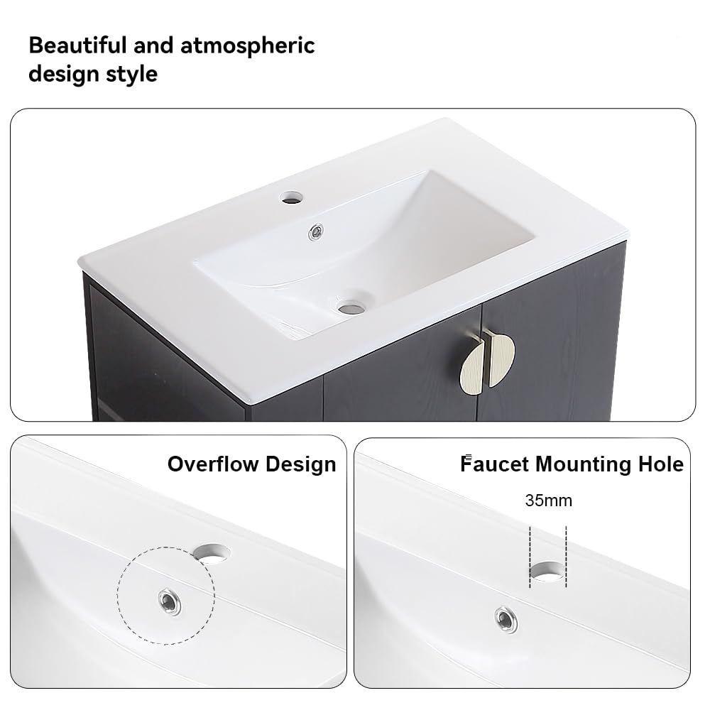 NOTOP 30" Floating Bathroom Vanity with White Ceramic Sink Comb, Modern Undermount Solid Wood Two Soft Close Doors Wall-Mounted Cabinet Set with Side Right Open Storage Shelf,Black, 30IN