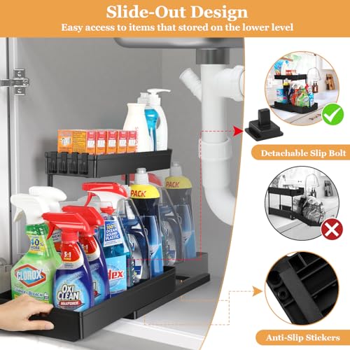 Under Sink Organizer 2 Tier, IVMAIE 2 Pack Under Sink Storage with 8 Hooks, L-Shaped Sliding Under Cabinet Shelf with Stopper, Small Plastic Undersink Organizers for Kitchen Bathroom, Black