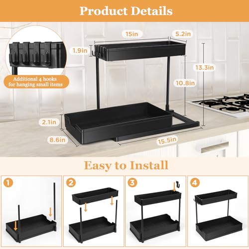 Under Sink Organizer 2 Tier, IVMAIE 2 Pack Under Sink Storage with 8 Hooks, L-Shaped Sliding Under Cabinet Shelf with Stopper, Small Plastic Undersink Organizers for Kitchen Bathroom, Black