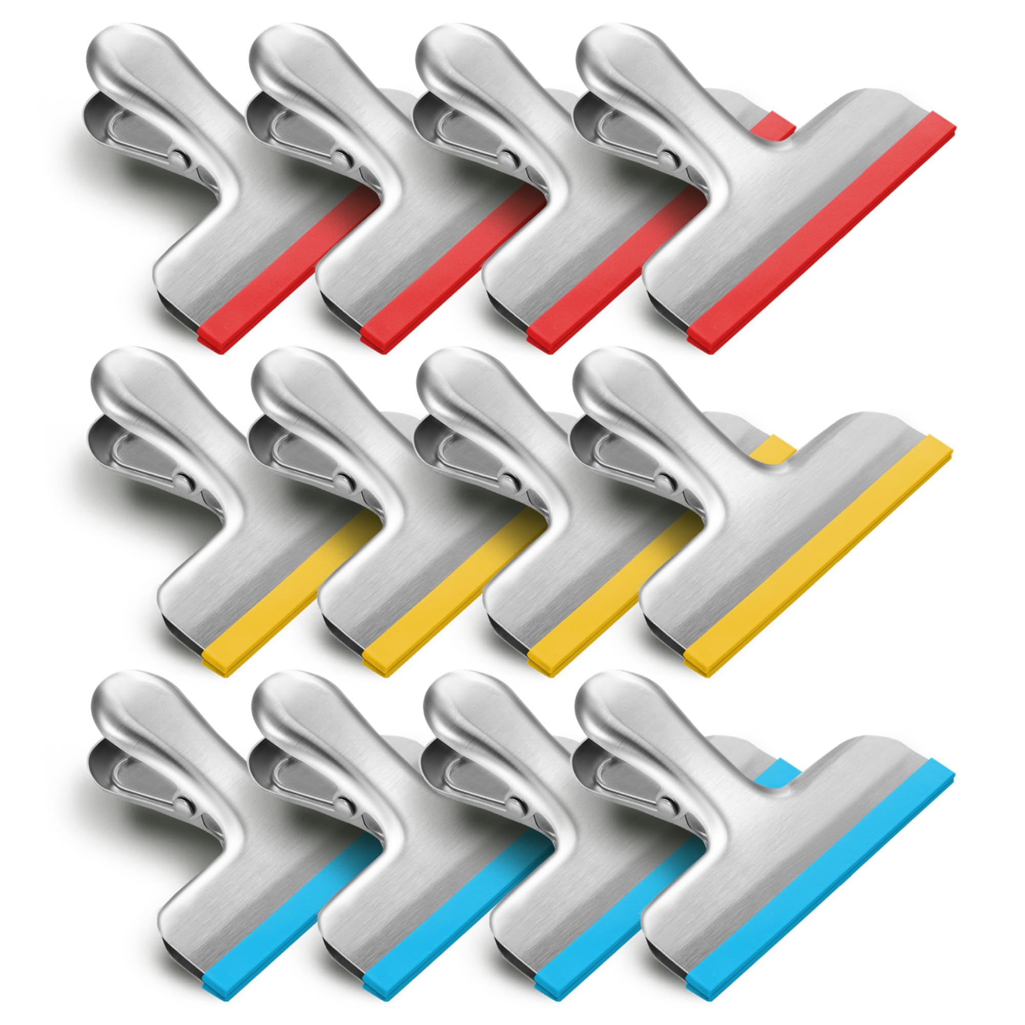 HOUSE AGAIN 12 Pack Chip Bag Clips Covered with Silicone - NO More Sharp Edges - Color Coded for Food Bags - Air Tight Seal, Heavy Duty, 3 Inches Wide