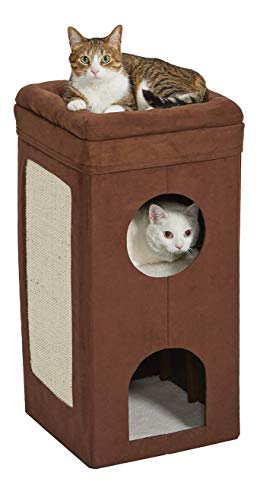MidWest Homes for Pets Cat Condo | Tri-Level Design in Brown Faux Suede & Synthetic Sheepskin | 14.6L x 14.72W x 30.39H Inches