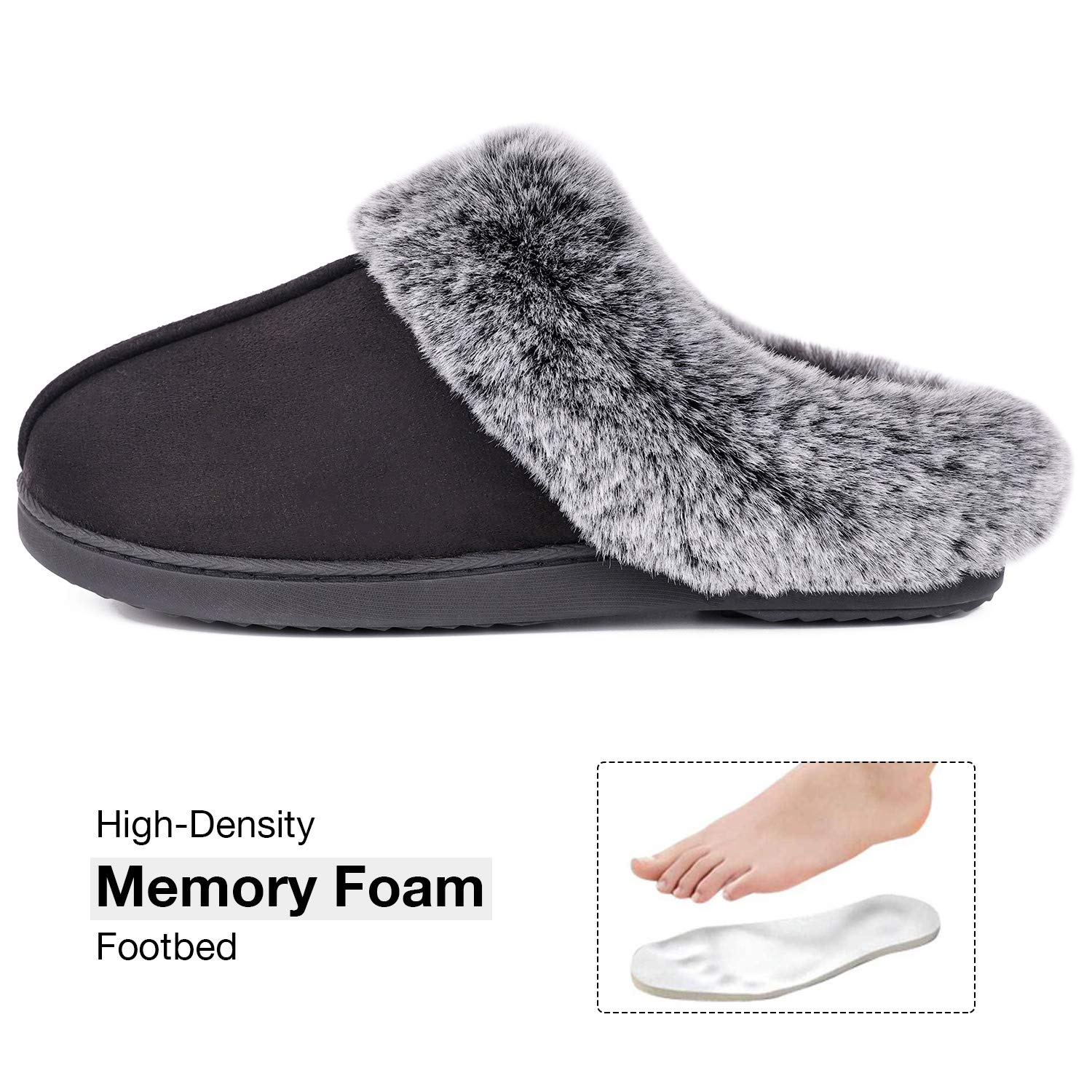 HomeTop Women's Classic Microsuede Memory Foam Slippers Durable Rubber Sole with Warm Faux Fur Collar (7-8 M, Black)