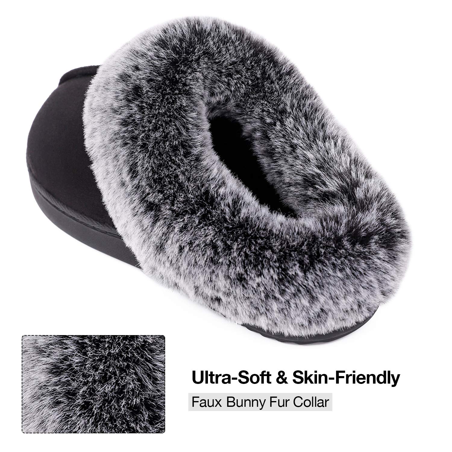 HomeTop Women's Classic Microsuede Memory Foam Slippers Durable Rubber Sole with Warm Faux Fur Collar (7-8 M, Black)