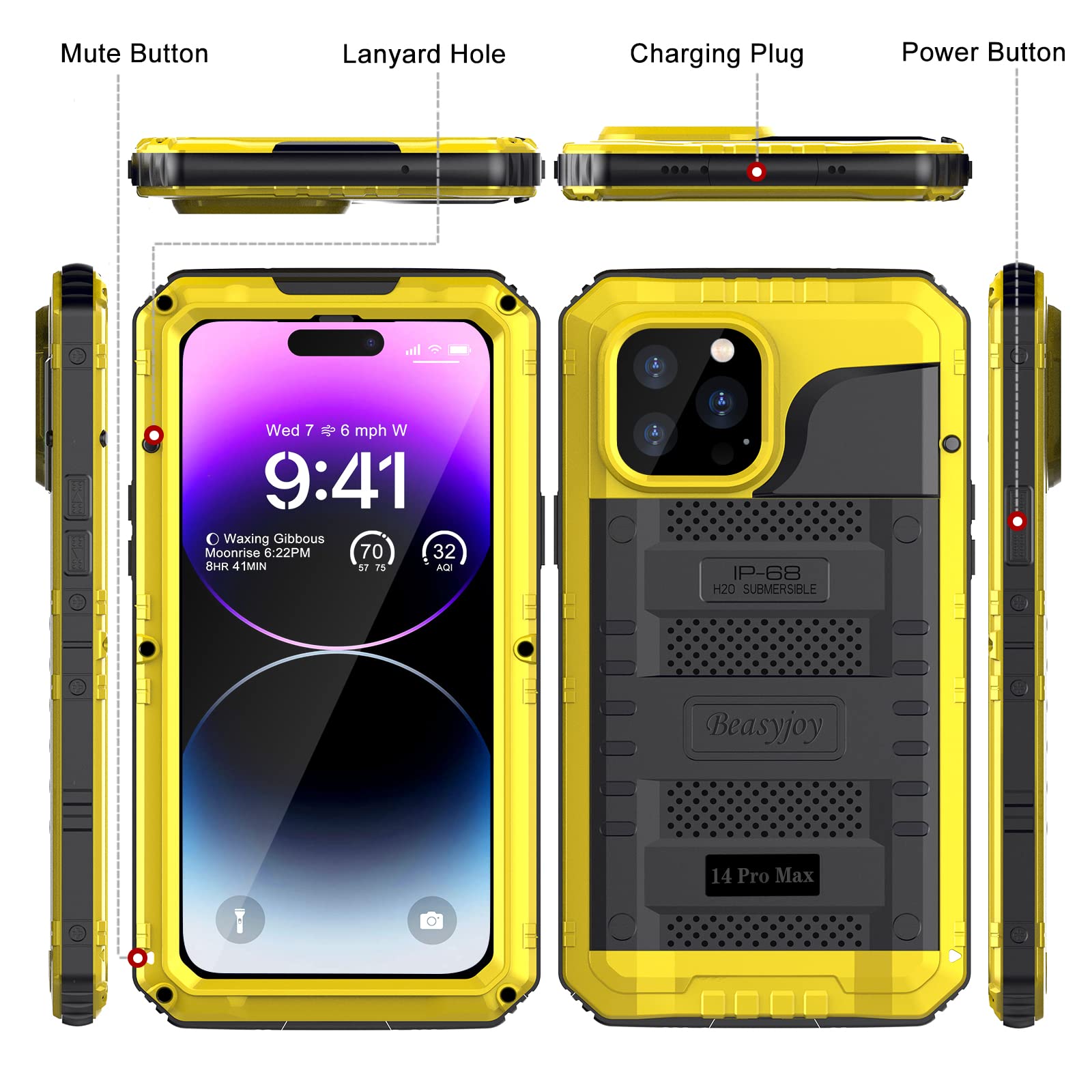 Beasyjoy for iPhone 14 Pro Max Waterproof Case, Metal Heavy Duty Case with Built-in Screen Protector, Full Body Protective Military Grade Shockproof Dustproof Defender Rugged Case 6.7 Inch, Yellow