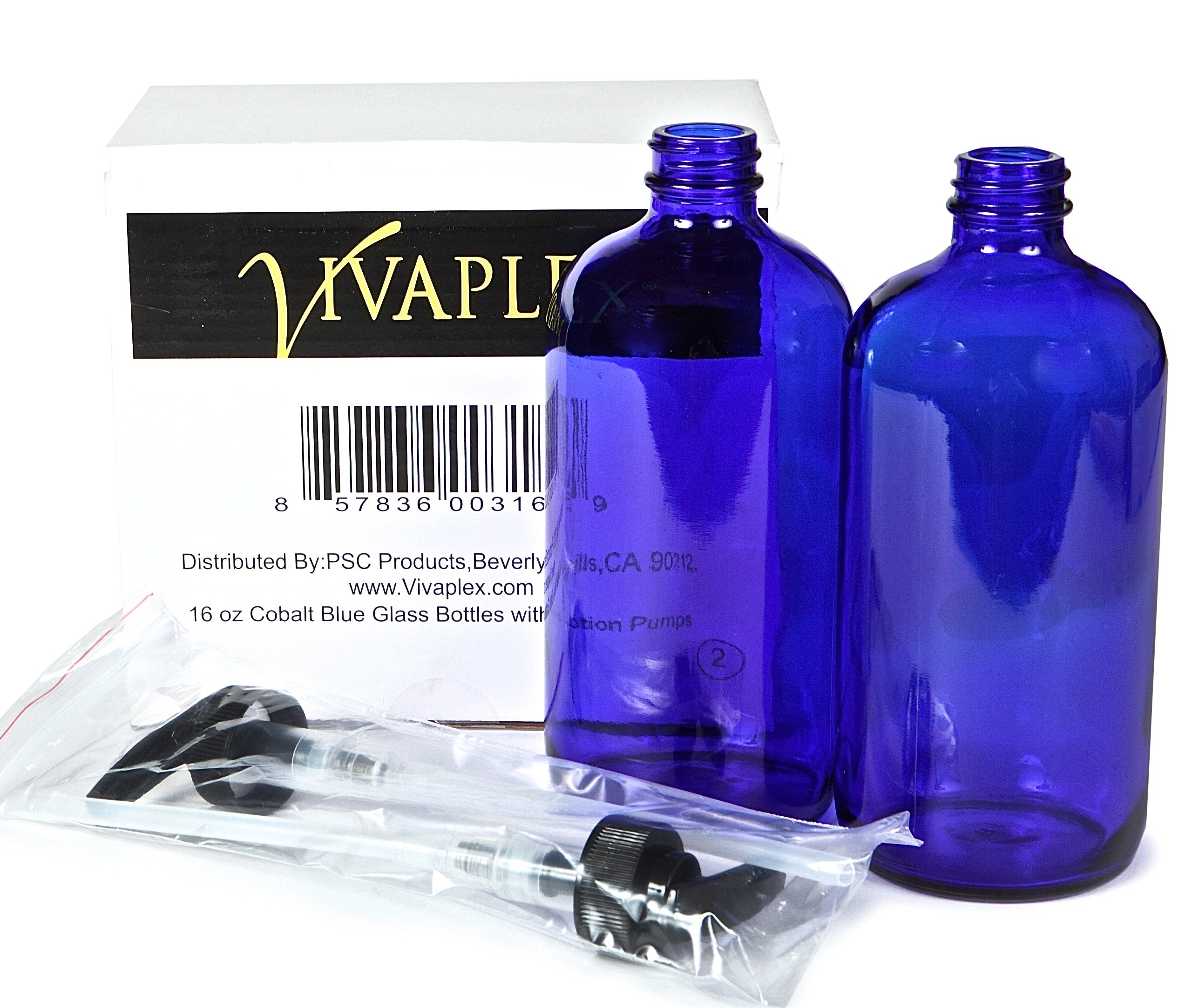Vivaplex, 2, Large, 16 oz, Empty, Cobalt Blue Glass Bottles with Black Lotion Pumps