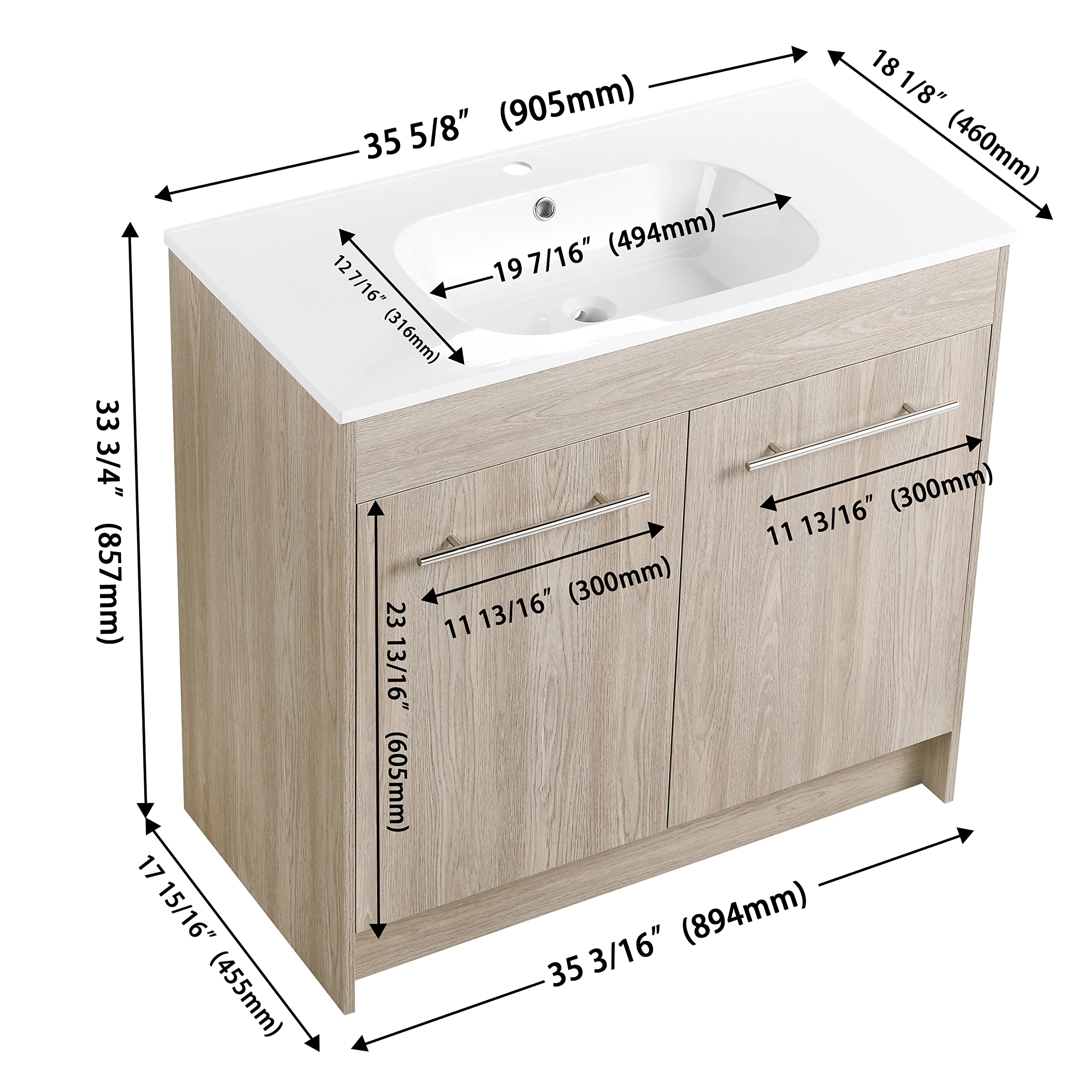 QuixotYDDZ 36" Bathroom Vanity with Sink, Freestanding Bathroom Sink Vanity with White Gel Basin Sink Top, Bathroom Storage Cabinet with 1 Adjustable Shelf for Small Space, White Oak