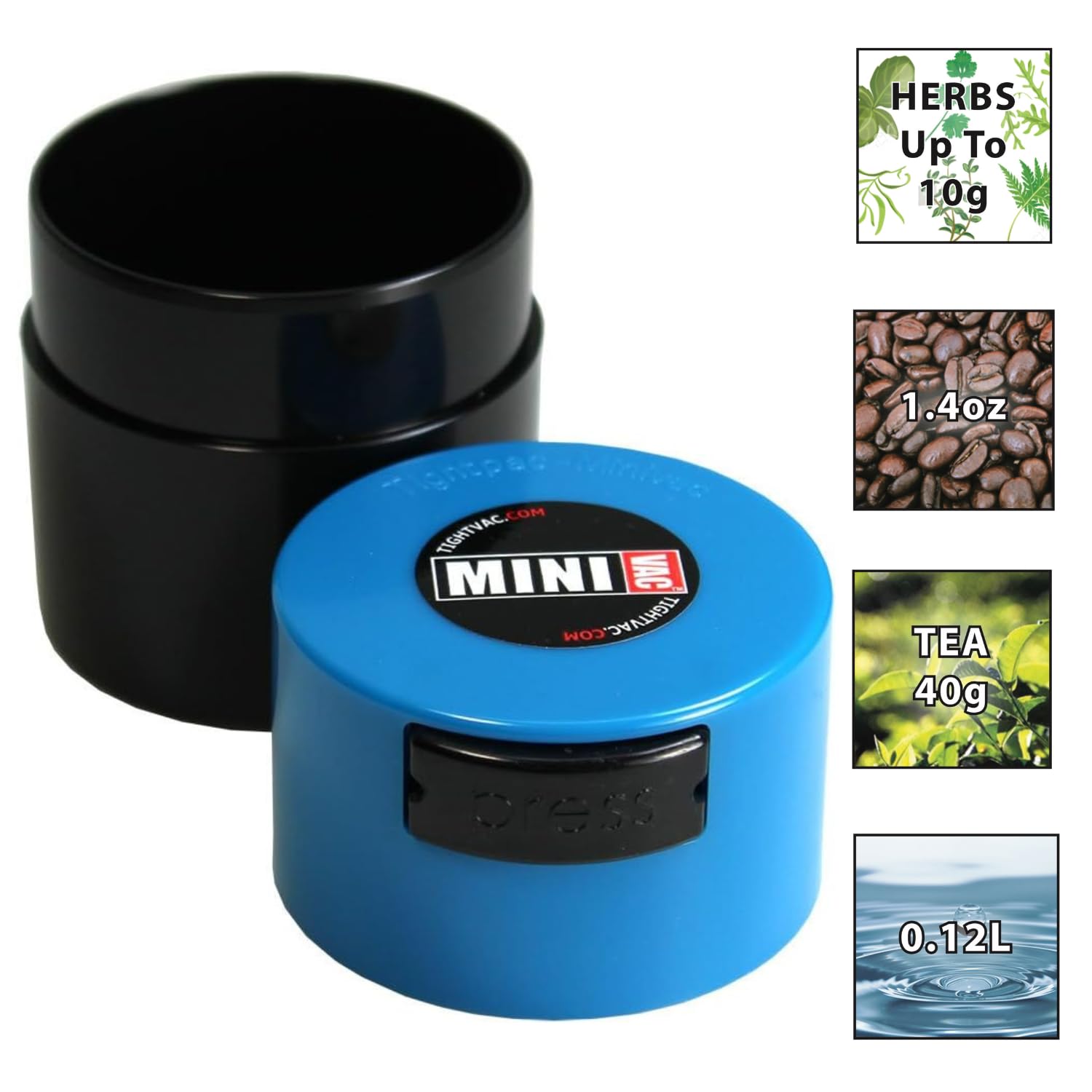 Minivac - 10g to 30 grams Airtight Multi-Use Vacuum Seal Portable Storage Container for Dry Goods, Food, and Herbs - Light Blue Cap & Black Body