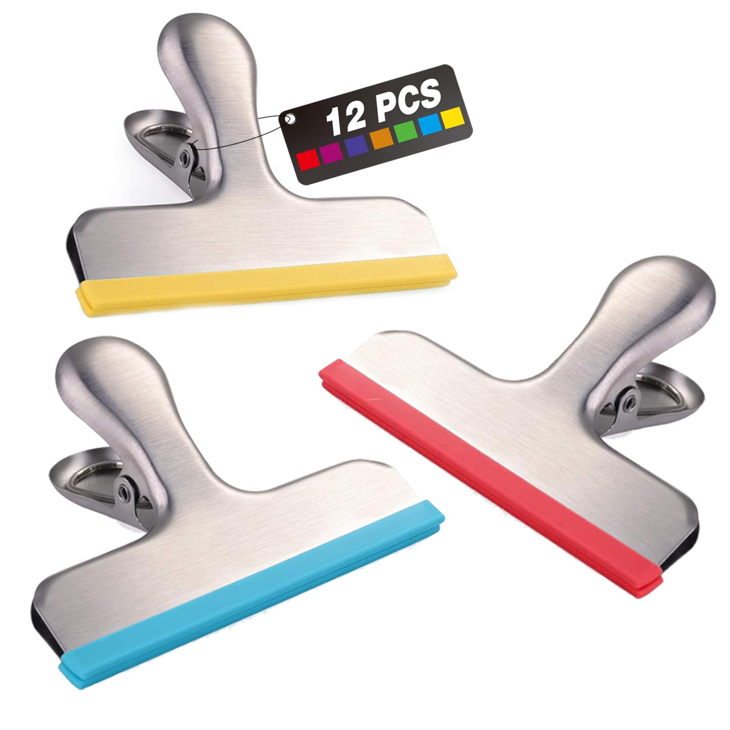 HOUSE AGAIN 12 Pack Chip Bag Clips Covered with Silicone - NO More Sharp Edges - Color Coded for Food Bags - Air Tight Seal, Heavy Duty, 3 Inches Wide
