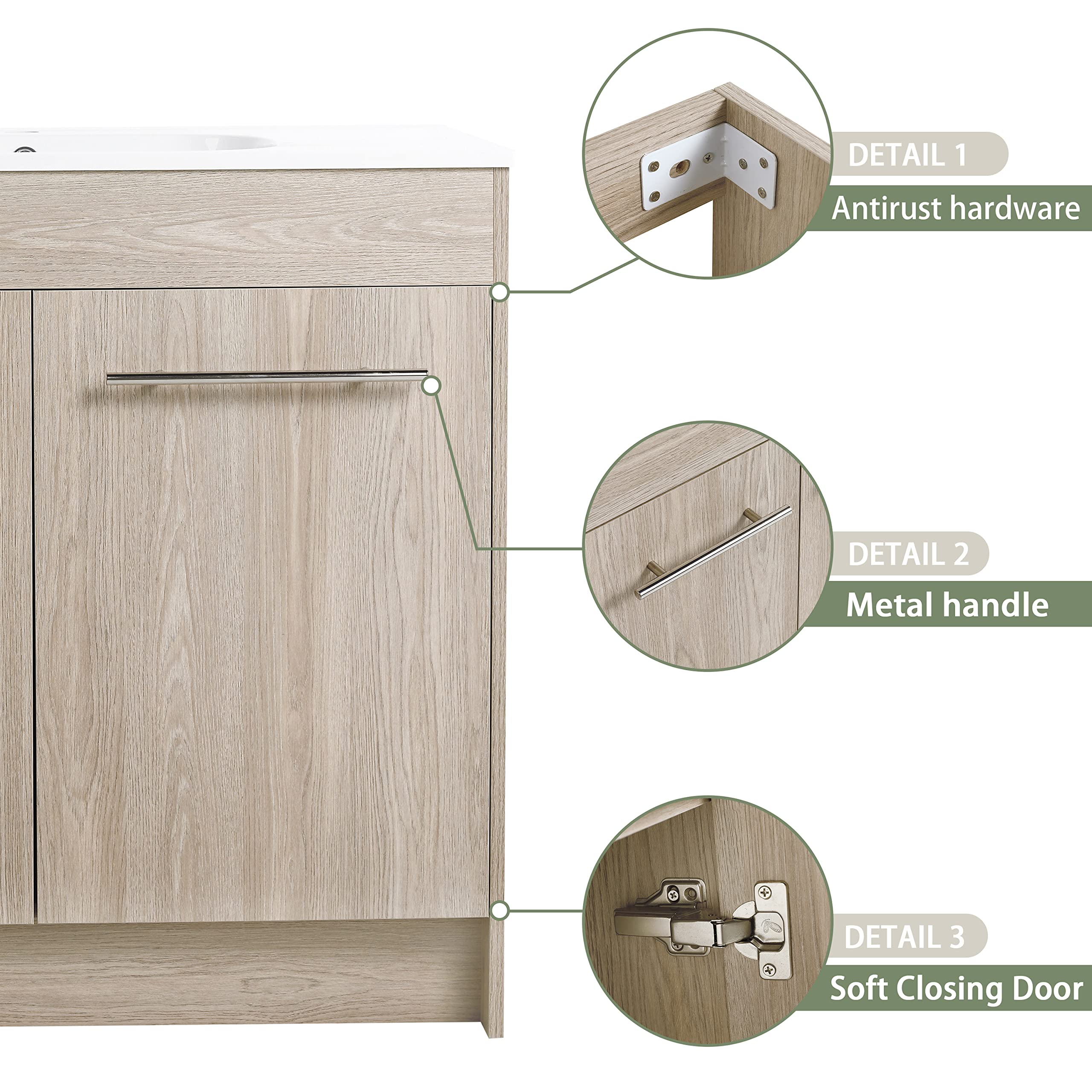 QuixotYDDZ 36" Bathroom Vanity with Sink, Freestanding Bathroom Sink Vanity with White Gel Basin Sink Top, Bathroom Storage Cabinet with 1 Adjustable Shelf for Small Space, White Oak