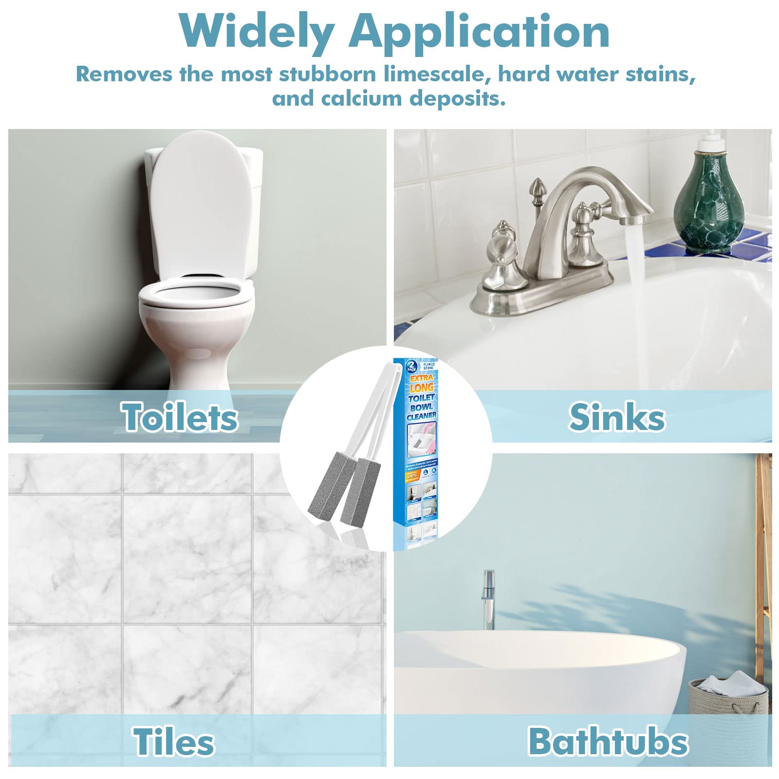 2 Pack Pumice Stone for Toilet Cleaning with Extra Long Handle, Premium Pumice Stone Toilet Brush, Hard Water Stain Remover Effectively Removes Stubborn Limescale.
