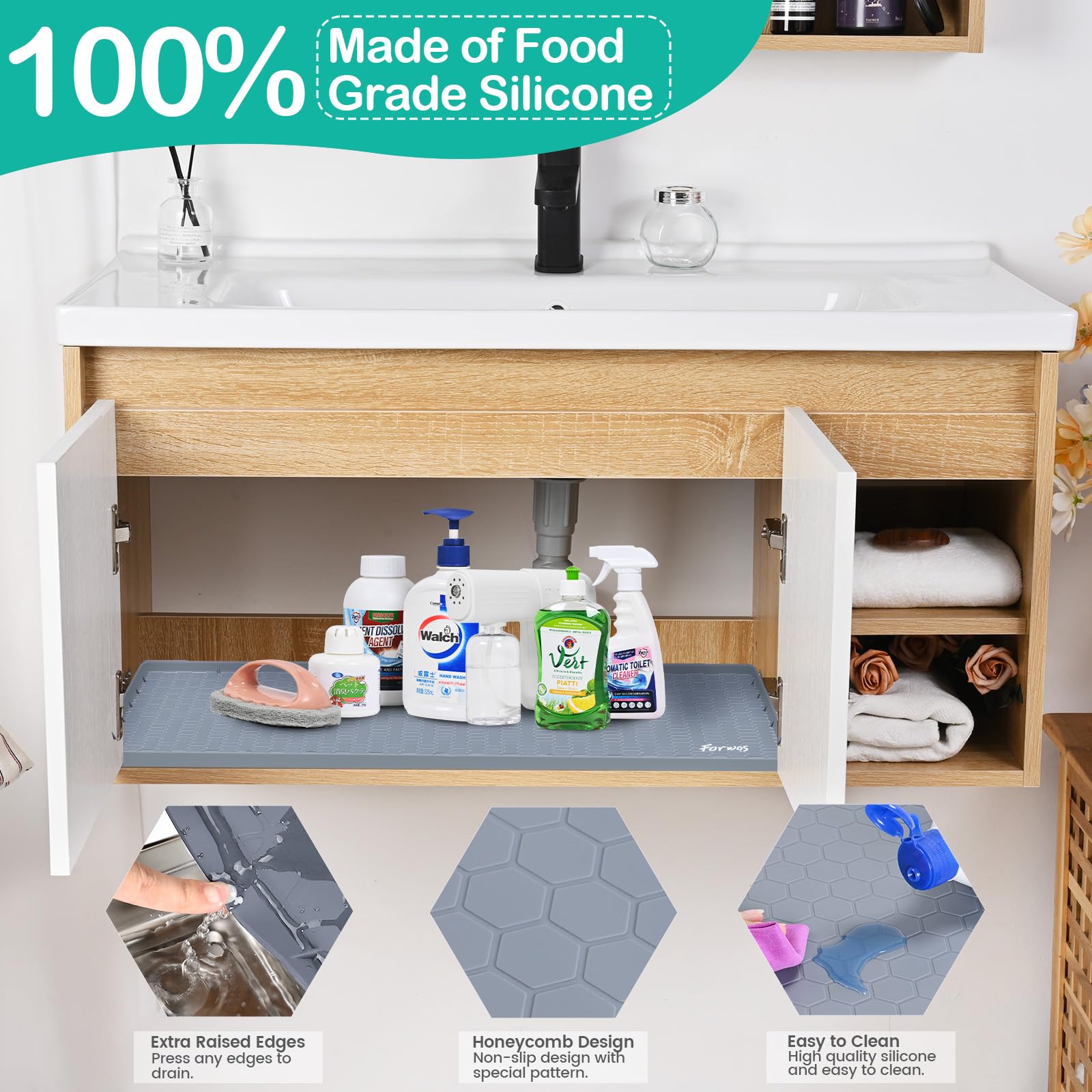 FORWOS Waterproof Under Sink Mat 28" x 22", Silicone Cabinet Liner, Rubber Protector for Kitchen and Bathroom, Keeps Cabinets Clean, Dry, and Organized (Grey)