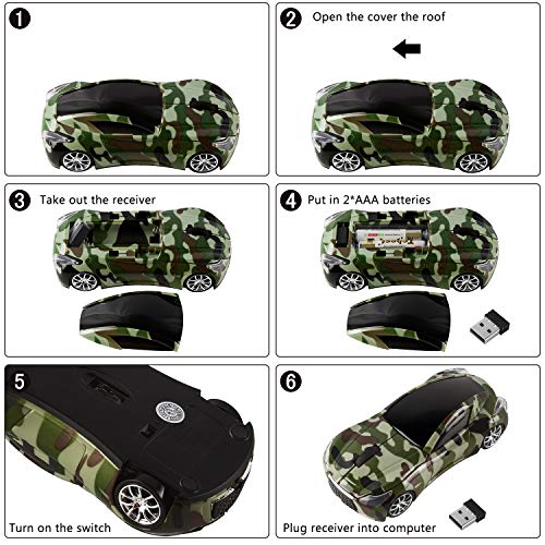 EALEK Wireless Mouse, Car Shape Mouse 2.4GHz USB, Cute Wireless Mouse 1600DPI, Ergonomic Mouse for Kids and Adult (Green Camouflage)