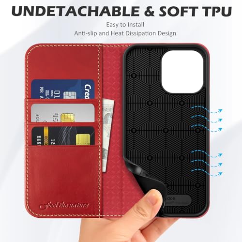 SHIELDON Case for iPhone 14 Pro Max 5G, Genuine Leather Wallet Case Magnetic Cover RFID Blocking Card Holder Kickstand Drop Protection Case Compatible with iPhone 14 Pro Max 6.7" 2022 - Retro Red