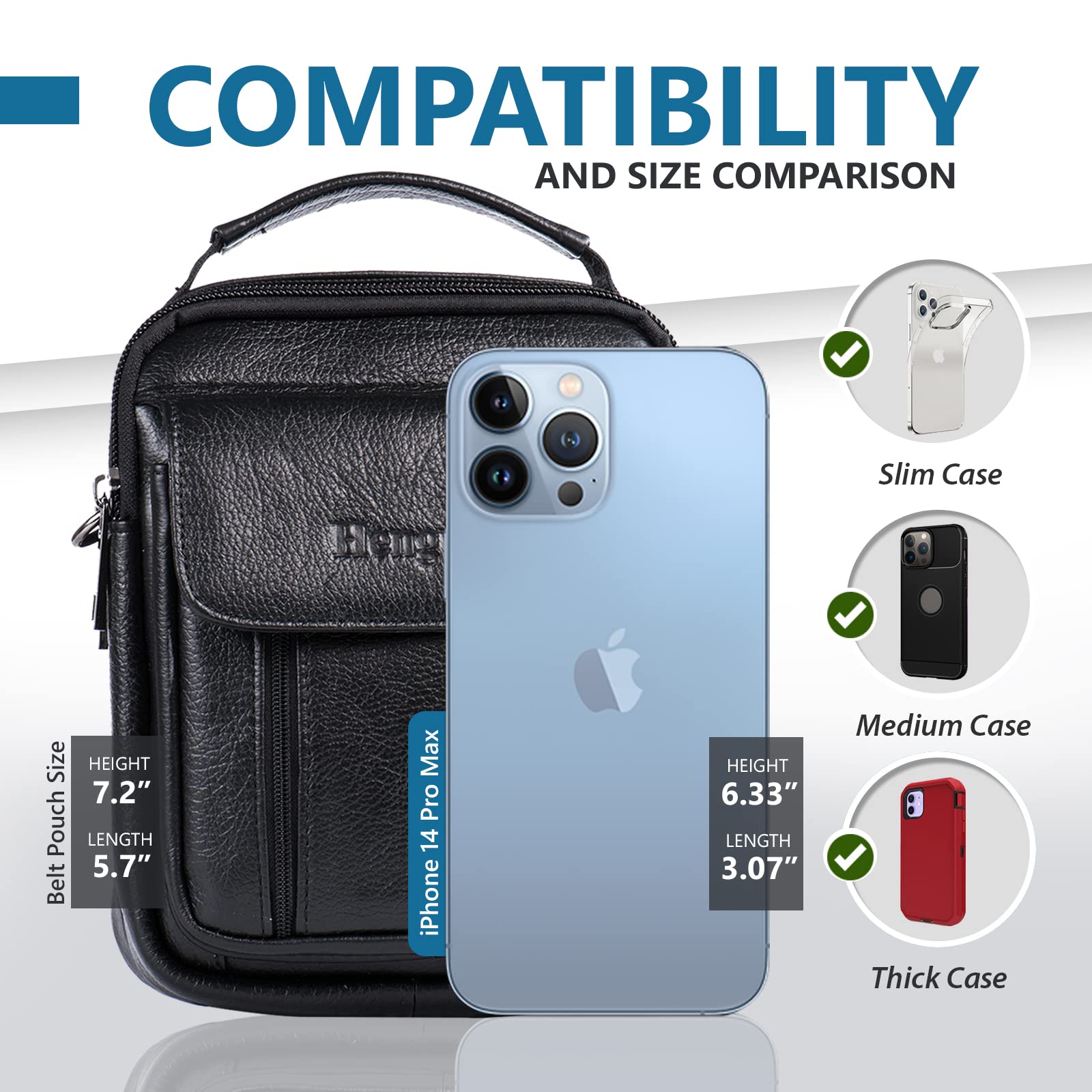 Hengwin Leather Cell Phone Bag Crossbody Purse Fits for iPhone 16 15 14 13 12 Pro Max Holster Samsung Galaxy Note 20 Ultra 9 8 S24 S23 Ultra A15 A25 A54 Wallet Case Handbag with Shoulder Strap (Black)