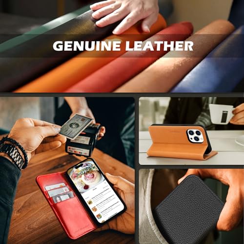 SHIELDON Case for iPhone 14 Pro Max 5G, Genuine Leather Wallet Case Magnetic Cover RFID Blocking Card Holder Kickstand Drop Protection Case Compatible with iPhone 14 Pro Max 6.7" 2022 - Retro Red