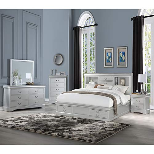 BOWERY HILL Contemporary Queen Bed with Bookcase Headboard and Storage Drawers in Platinum