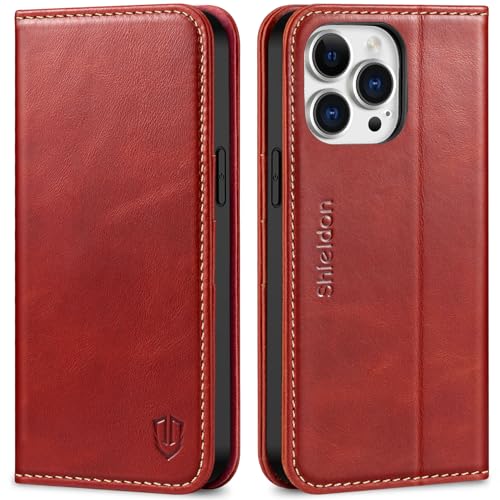 SHIELDON Case for iPhone 14 Pro Max 5G, Genuine Leather Wallet Case Magnetic Cover RFID Blocking Card Holder Kickstand Drop Protection Case Compatible with iPhone 14 Pro Max 6.7" 2022 - Retro Red