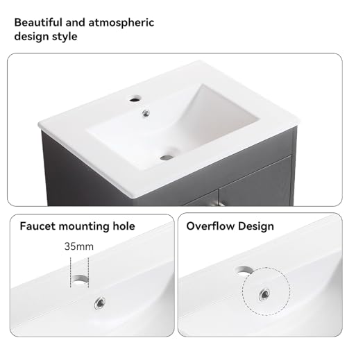 QuixotYDDZ 24 Inch Modern Freestanding Solid Wood Bathroom Cabinet, Bathroom Vanity with Ceramic Sink Combo, Bath Cabinet with 2 Doors and Open Shelf for Small Space, Solid Wood, Black