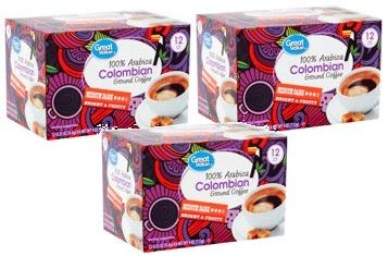 Great Value 100% Arabica Colombian Medium Dark Ground Coffee Pods, 0.33 oz, 12 count (Pack of 3)