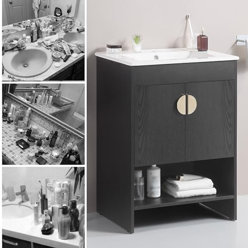 QuixotYDDZ 24 Inch Modern Freestanding Solid Wood Bathroom Cabinet, Bathroom Vanity with Ceramic Sink Combo, Bath Cabinet with 2 Doors and Open Shelf for Small Space, Solid Wood, Black