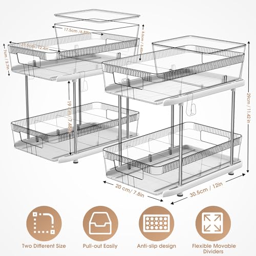 2 Tier Under Sink Organizers with Dividers and Lids, Snack Organizer for Pantry, Kitchen, Vanity, Medicine Drawer Storage (Adjustable)