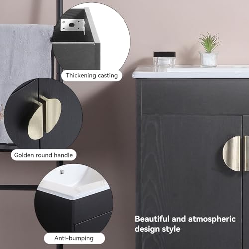 QuixotYDDZ 24 Inch Modern Freestanding Solid Wood Bathroom Cabinet, Bathroom Vanity with Ceramic Sink Combo, Bath Cabinet with 2 Doors and Open Shelf for Small Space, Solid Wood, Black