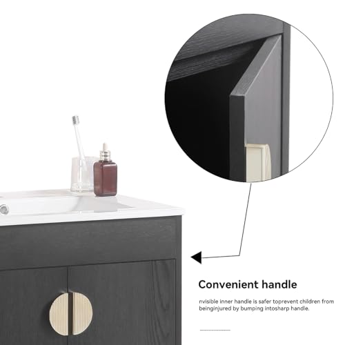 QuixotYDDZ 24 Inch Modern Freestanding Solid Wood Bathroom Cabinet, Bathroom Vanity with Ceramic Sink Combo, Bath Cabinet with 2 Doors and Open Shelf for Small Space, Solid Wood, Black