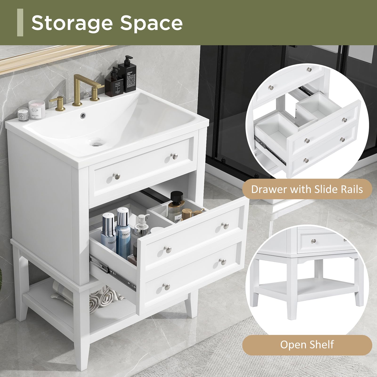 24" Bathroom Vanity Without Sink, Freestanding Bathroom Vanity Base Cabinet Solid Wood Bathroom Storage Cabinet with Drawer and Open Shelf for Small Space, White