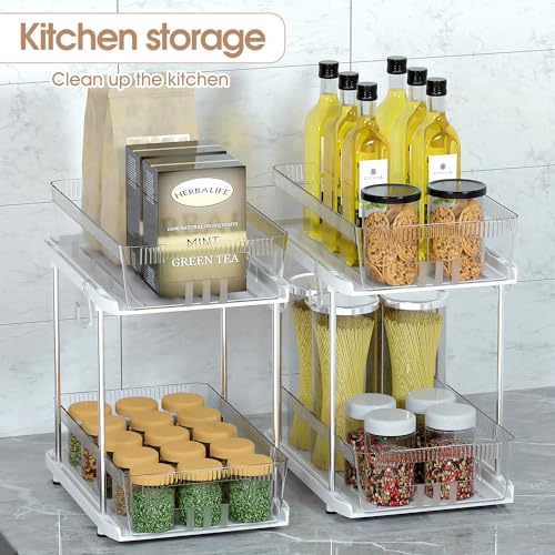 2 Tier Under Sink Organizers with Dividers and Lids, Snack Organizer for Pantry, Kitchen, Vanity, Medicine Drawer Storage (Adjustable)