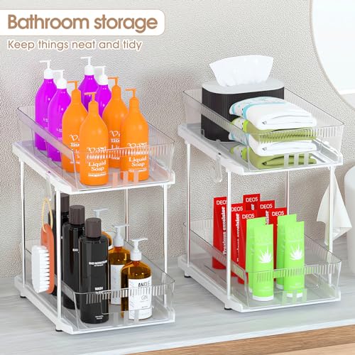 2 Tier Under Sink Organizers with Dividers and Lids, Snack Organizer for Pantry, Kitchen, Vanity, Medicine Drawer Storage (Adjustable)