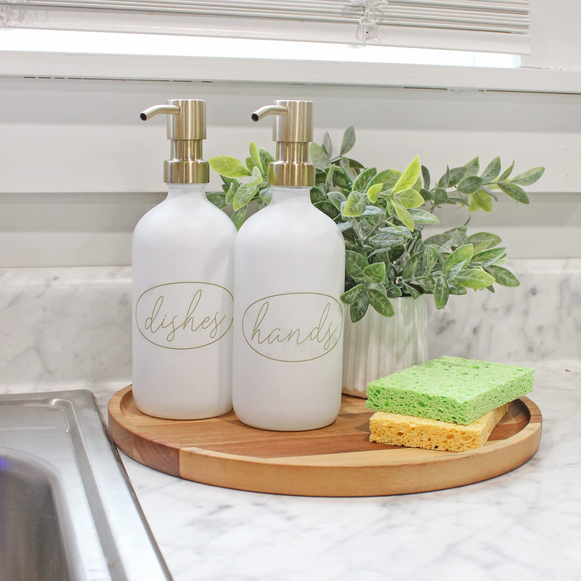 Darware 16oz Glass Pump Bottles (Set of 2, White w/Gold); Soap Dispenser Pump Bottles with Brushed Metal Pump Tops