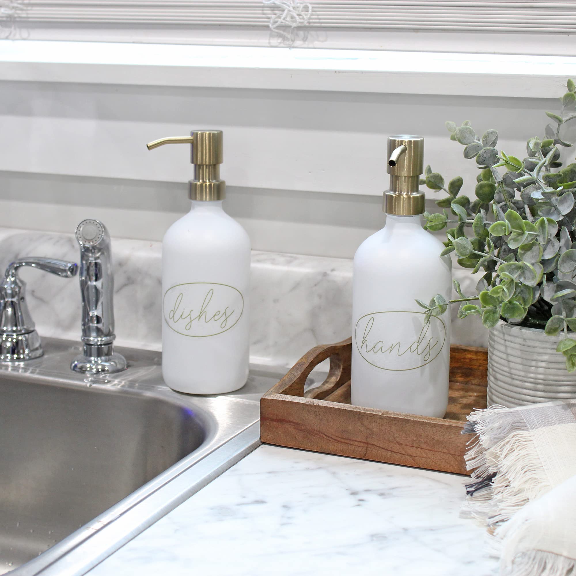 Darware 16oz Glass Pump Bottles (Set of 2, White w/Gold); Soap Dispenser Pump Bottles with Brushed Metal Pump Tops