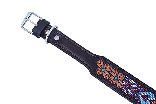 Leather Dog Collar Extra Small Size Western Style Heavy Duty Hand Tooled Adjustable Beaded and Padded Soft for Puppies and Big Dogs 10AB032-XS