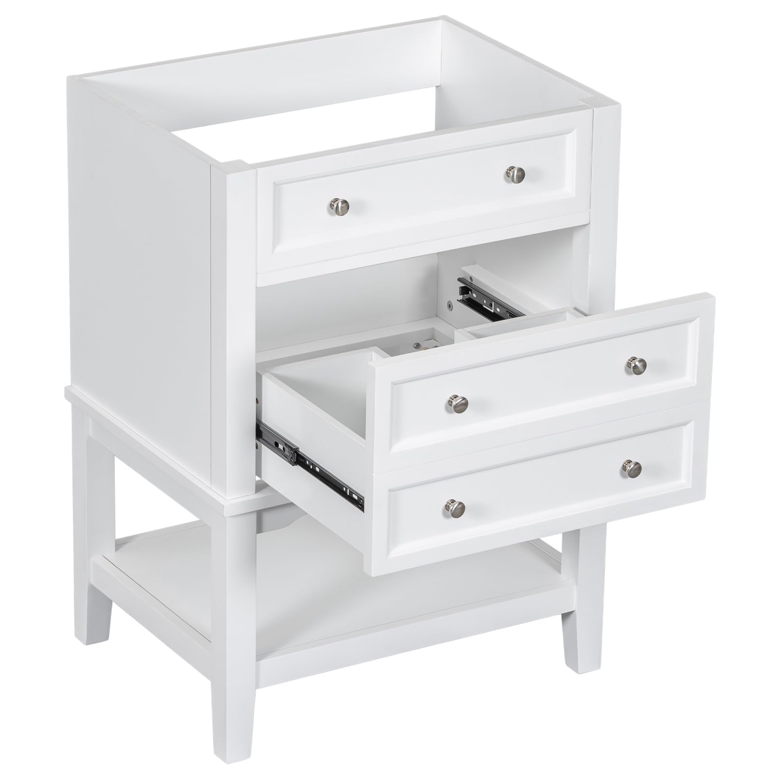 24" Bathroom Vanity Without Sink, Freestanding Bathroom Vanity Base Cabinet Solid Wood Bathroom Storage Cabinet with Drawer and Open Shelf for Small Space, White