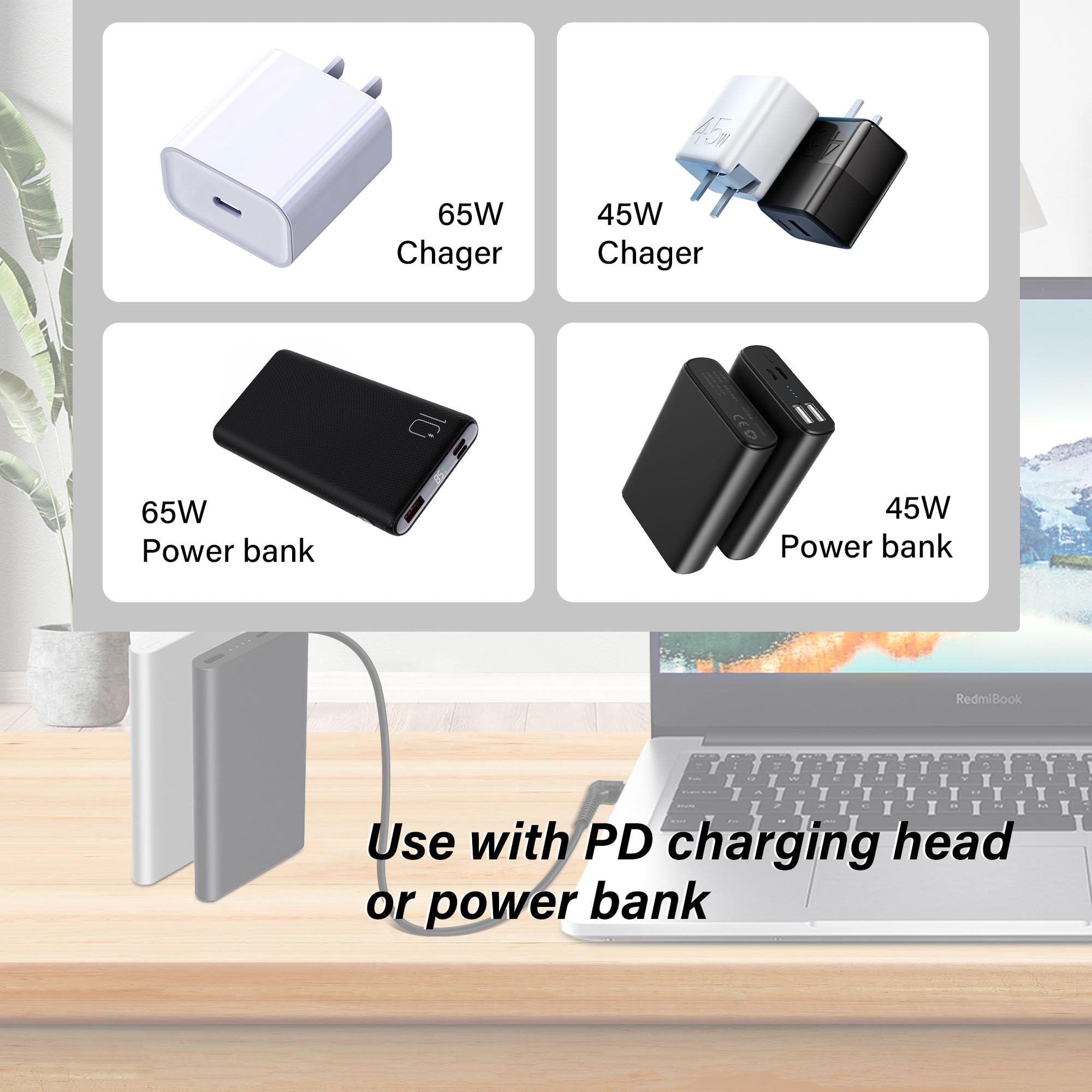 GINTOOYUN Type C to 90 Degree DC 4.8 x 1.7 mm Power Charging Cable USB-C Male Output to DC Input Power PD Charge Cable fit for Laptop 65W 12V (59inch)