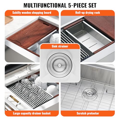 VEVOR Farmhouse Kitchen Sink, 304 Stainless Steel Drop-In Sinks, Top Mount Single Bowl Basin with Ledge & Accessories, Household Dishwasher Sinks for Workstation, Prep Kitchen, and Bar Sink, 30 inch