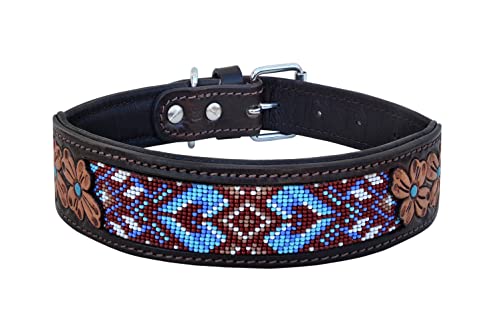 Leather Dog Collar Extra Small Size Western Style Heavy Duty Hand Tooled Adjustable Beaded and Padded Soft for Puppies and Big Dogs 10AB032-XS
