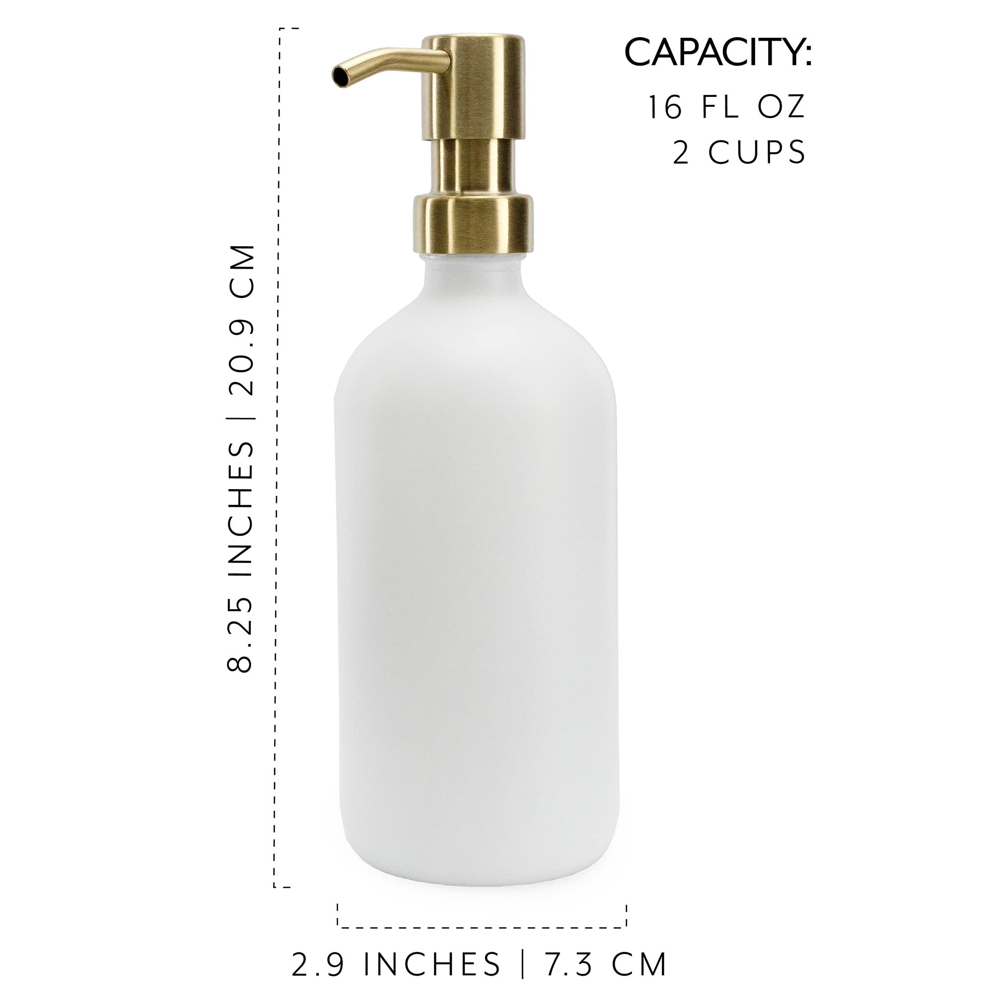 Darware 16oz Glass Pump Bottles (Set of 2, White w/Gold); Soap Dispenser Pump Bottles with Brushed Metal Pump Tops