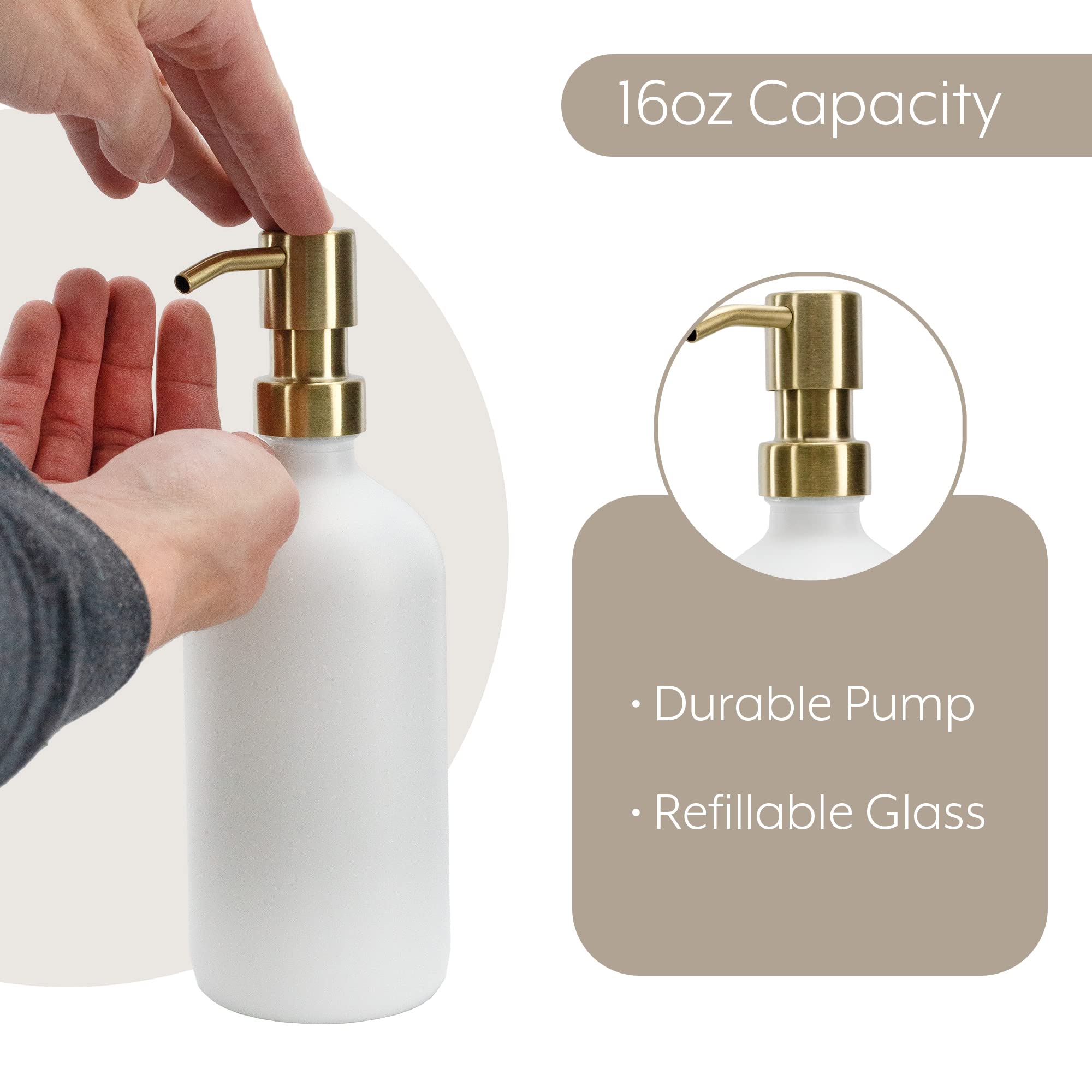 Darware 16oz Glass Pump Bottles (Set of 2, White w/Gold); Soap Dispenser Pump Bottles with Brushed Metal Pump Tops