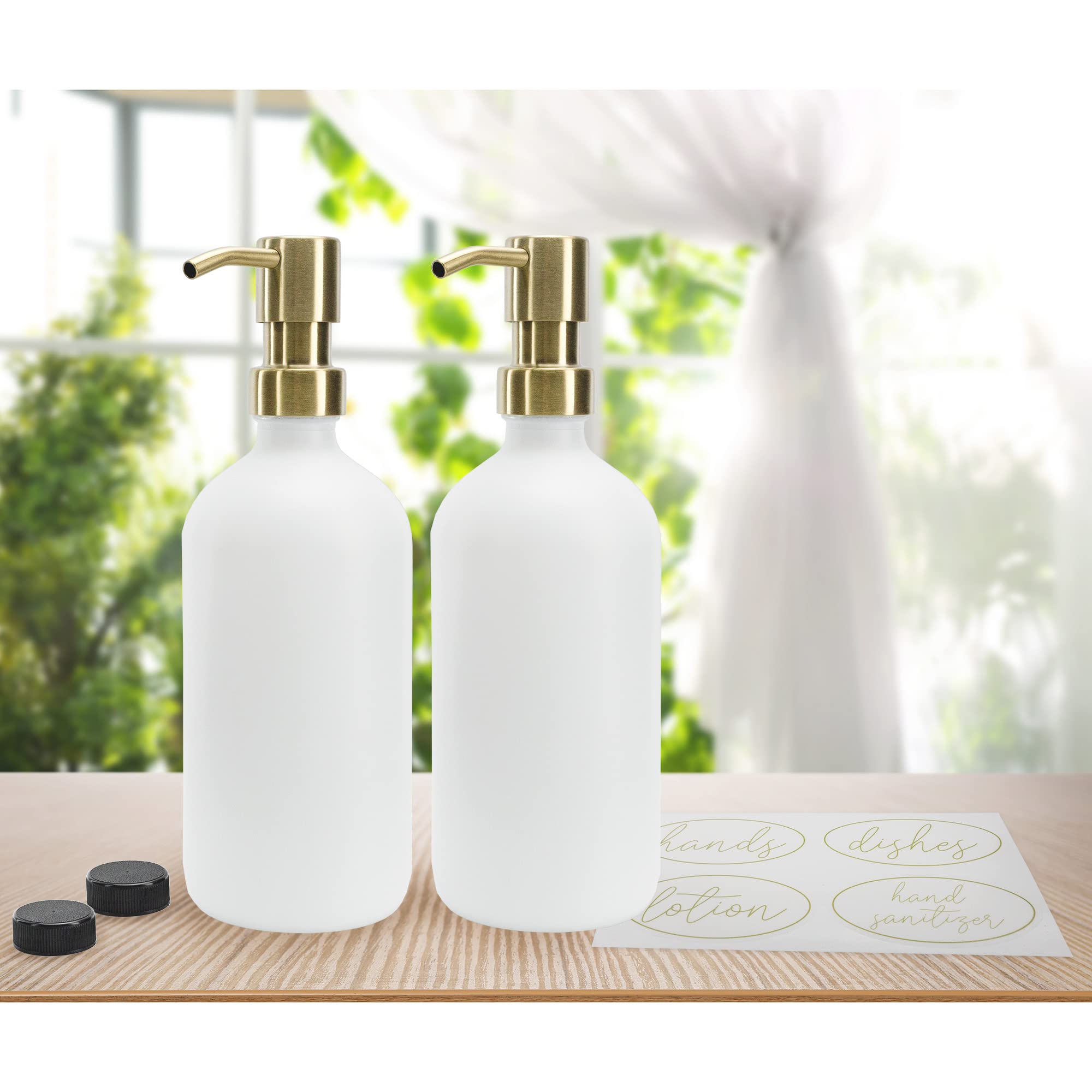 Darware 16oz Glass Pump Bottles (Set of 2, White w/Gold); Soap Dispenser Pump Bottles with Brushed Metal Pump Tops