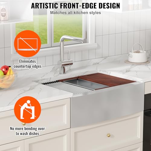 VEVOR Farmhouse Kitchen Sink, 304 Stainless Steel Drop-In Sinks, Top Mount Single Bowl Basin with Ledge & Accessories, Household Dishwasher Sinks for Workstation, Prep Kitchen, and Bar Sink, 30 inch