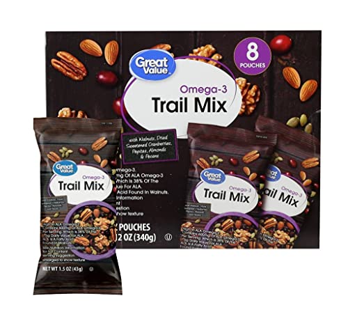 Great Value Omega-3 Trail Mix, 1.5 oz, 8 Count Snack Pouches (Pack of 3)